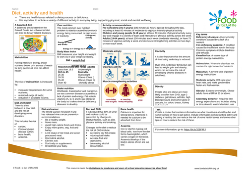 Diet, activity and health Knowledge Organiser 11-14 years | Teaching ...