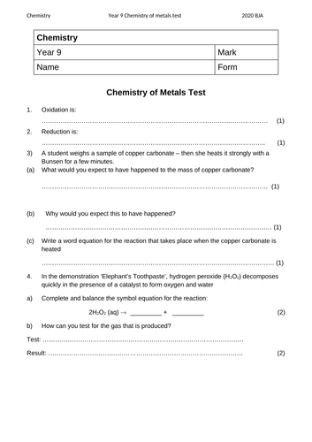 Year 9 Chemistry of metals booklet, PowerPoints and topic test ...
