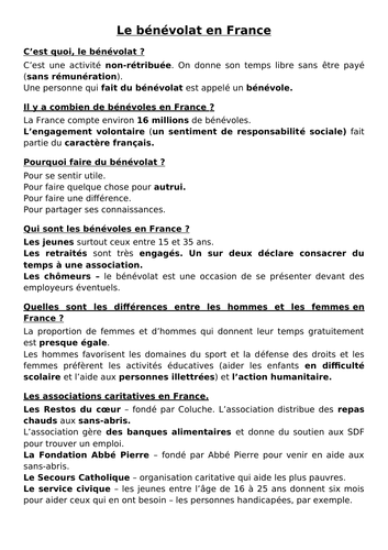 Le bénévolat | Teaching Resources