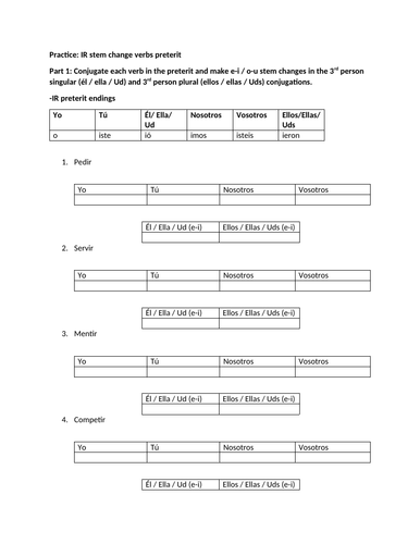 Ir preterit stem change practice | Teaching Resources