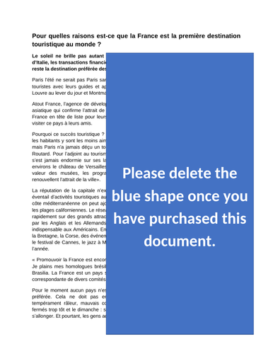 France première destination touristique (Reading comprehension ...