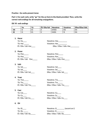 Go verbs conjugations and sentences | Teaching Resources
