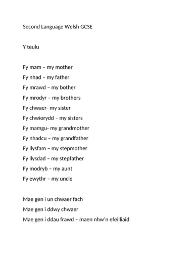Cymraeg Ail Iaith Second Language Welsh trafod Y TEULU - vocabulary ...