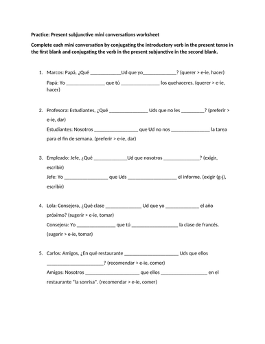 Subjunctive mini conversations worksheet | Teaching Resources