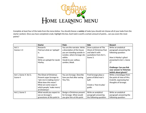 A Christmas Carol Home Learning Menu- KS3 | Teaching Resources