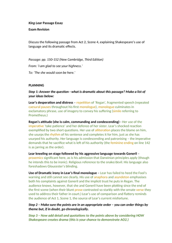 King Lear Essay Plan Resource | Teaching Resources