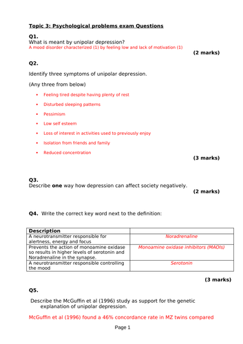 Edexcel 9-1 GCSE Psychology practise exam questions : Topic 3 ...