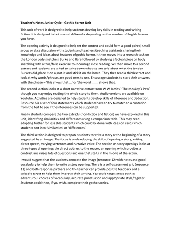 Junior Cycle First Year English: Creative Writing and Reading - Gothic ...
