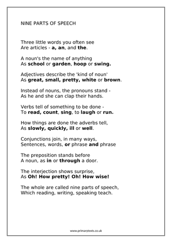 Nine Parts of Speech Poem, PPT and Activities | Teaching Resources