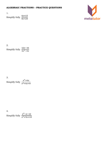 Metatutor Algebraic Fractions Worksheet | Teaching Resources
