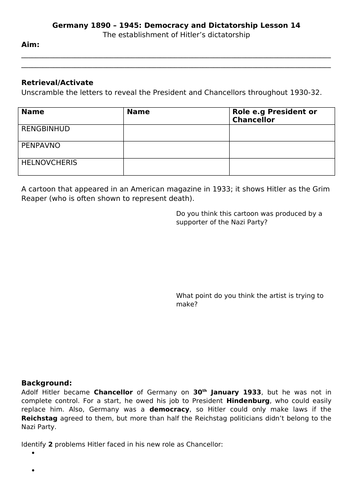 AQA The Establishment of Hitler's Dictatorship | Teaching Resources