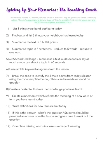 Plenary Bank - 60 Great Plenaries for Easy Use - Checking Understanding ...