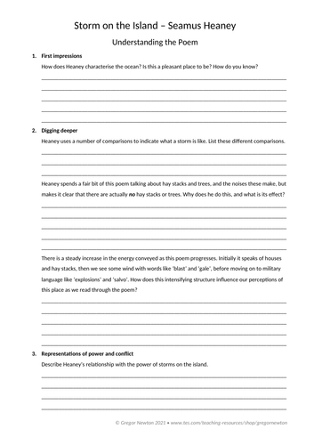 Storm on the Island (Seamus Heaney) for GCSE ~ Analysis worksheet ...