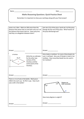 KS 2 Maths Quick Reasoning Practice Sheet with answers | Teaching Resources