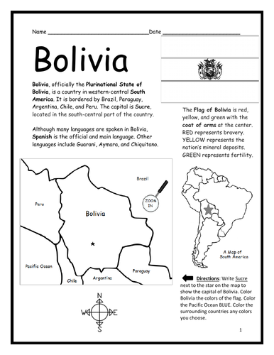 BOLIVIA - Introductory Geography Worksheet - Black and White | Teaching ...