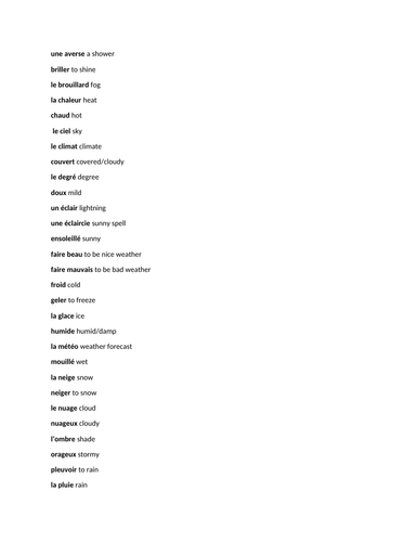 French gcse REVISION SHEET THE WEATHER VOCABULARY extensive list ...