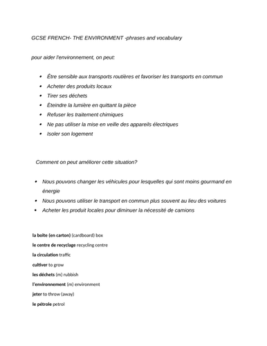 GCSE FRENCH PHRASES AND VOCABULARY ON THE ENVIRONMENT | Teaching Resources