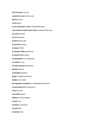 GCSE FRENCH REVISION LIST on Les Vacances vocabulary travelling ...