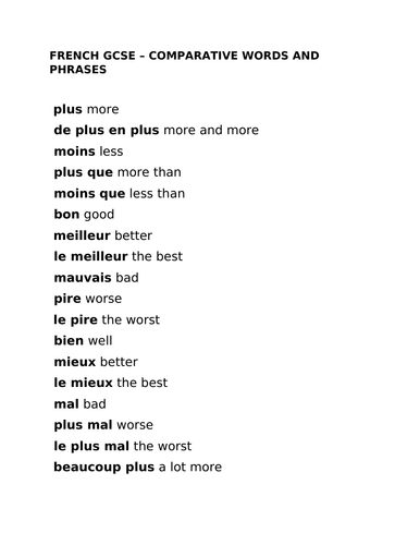 FRENCH GCSE COMPARATIVE PHRASES AND VOCABULARY | Teaching Resources
