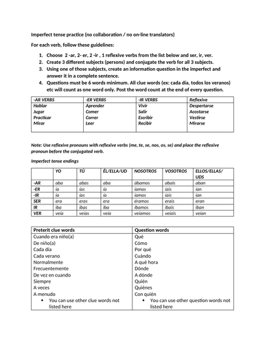 Imperfect conjugations with original questions | Teaching Resources