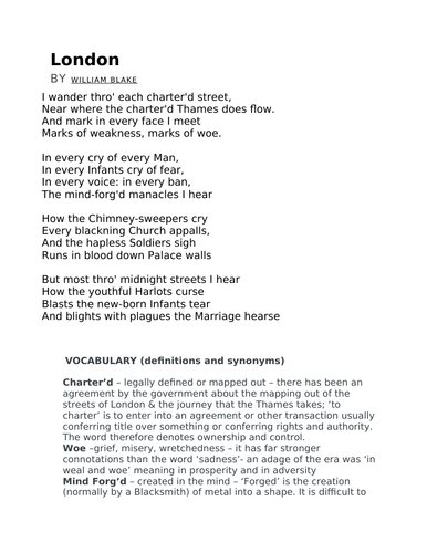GCSE REVISION SHEET ON THE POEM LONDON BY WILLIAM BLAKE | Teaching ...