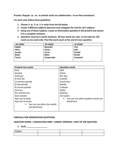 Preterit regular verbs conjugations with original questions | Teaching ...