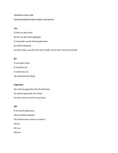 A LEVEL GERMAN COMMON PREPOSITIONS TAKING THE DATIVE | Teaching Resources
