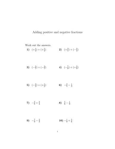 Adding Positive And Negative Fractions Worksheet (with Answers 