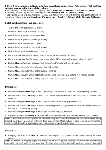 AQA Sociology Culture and Identity Exam Questions | Teaching Resources