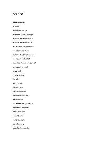 gcse FRENCH listening assessment revision sheet on prepositions ...