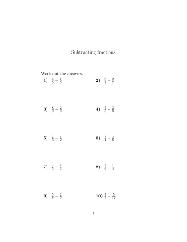 Subtracting fractions worksheet no 2 (with answers) | Teaching Resources