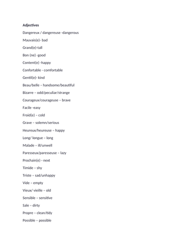 GCSE FRENCH A* LIST OF ADJECTIVES AND AN EXPLANATION WITH EXAMPLES OF ...
