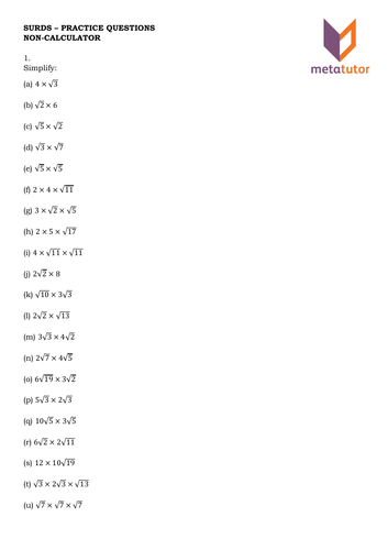 Metatutor Surds Worksheet | Teaching Resources