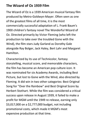 The Wizard of Oz 1939 Film Handout | Teaching Resources