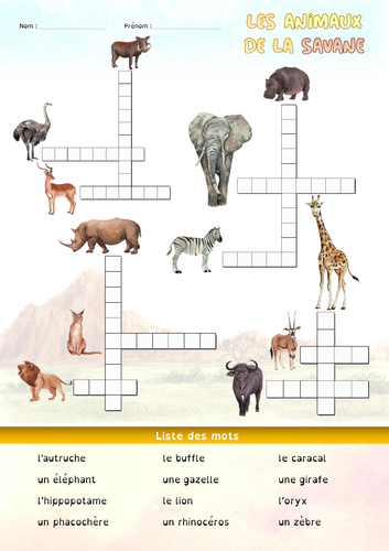 [French] Crosswords for kids - Animals of the savannah | Teaching Resources