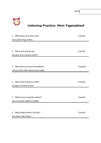 German Listening Comprehension: My schedule | Teaching Resources