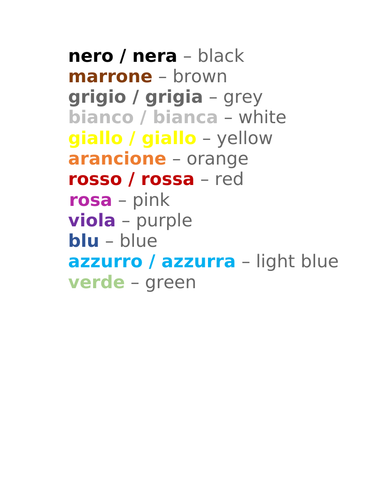 Italian Year 7 introduction to the vocabulary colours - a basic list of ...