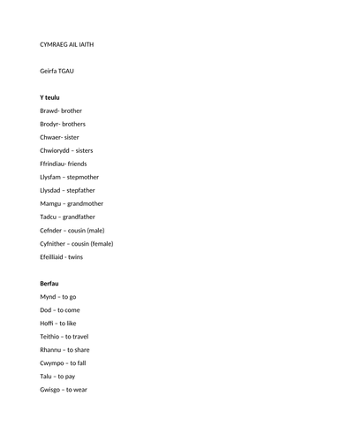 REVISION SHEET GCSE SECOND LANGUAGE WELSH CYMRAEG essential vocabulary ... REVISION SHEET GCSE SECOND LANGUAGE WELSH CYMRAEG essential vocabulary ...