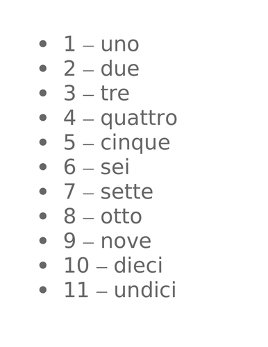 ITALIAN LANGUAGE REVISION SHEET YEAR 7 NUMBERS 1 - 20 | Teaching Resources