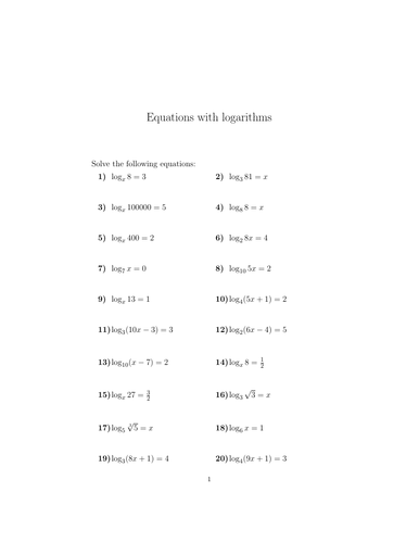Equations with logarithms worksheet (with solutions) | Teaching Resources