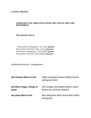 A* A level French describing a noun that is multicoloured - avoid this ...