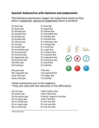 Spanish Subjunctive: Opinions and Judgements Handout + Worksheet ...