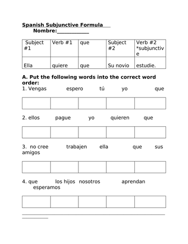 Spanish Subjunctive Worksheets to show Subjunctive Formula/Triggers ...