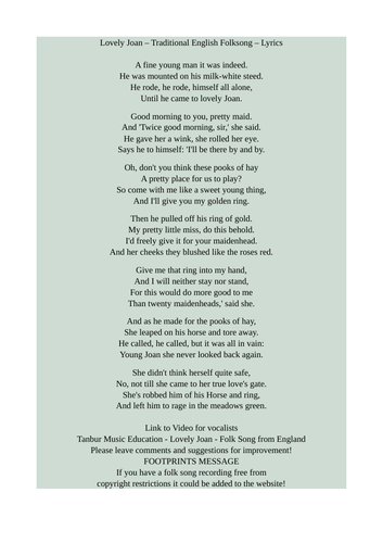 Lovely Joan - Traditional English Folk Song | Teaching Resources
