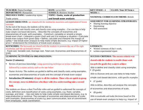 Costs, scale of production and break-even analysis. 'MS word doc ...
