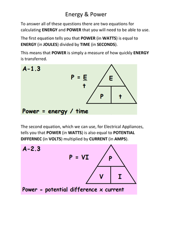 KS3 - Y8 - POWER & ENERGY - WORKSHEET | Teaching Resources