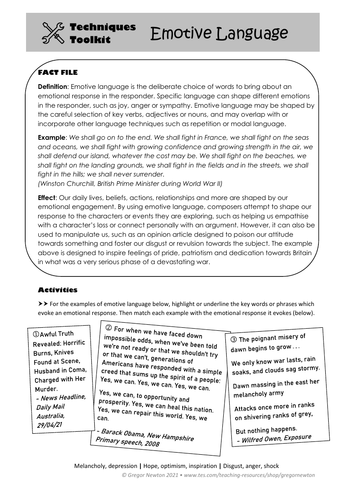 Emotive Language – Techniques Toolkit – Worksheet and PowerPoint ...