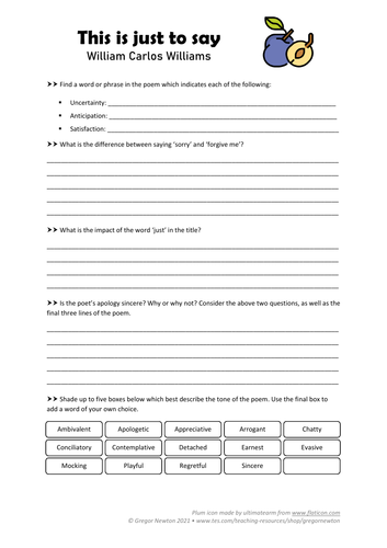 This is just to say - William Carlos Williams - Worksheet | Teaching ...