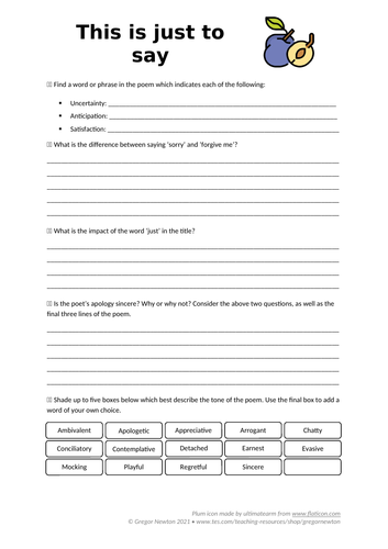 This is just to say - William Carlos Williams - Worksheet | Teaching ...