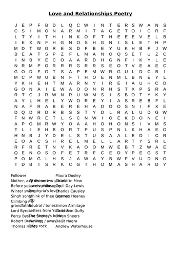 Poetry - Love and Relationships Word Search | Teaching Resources